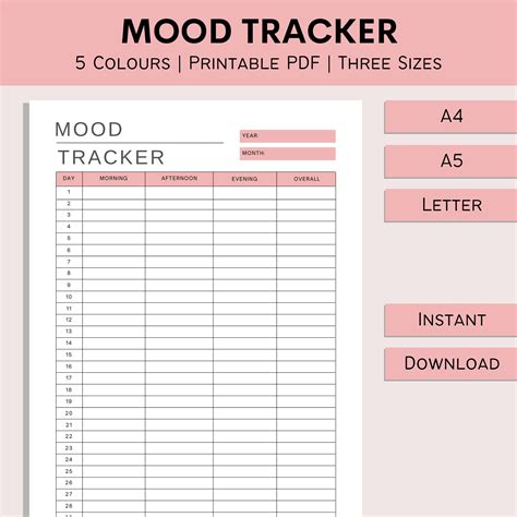 Mood Tracker Printable Daily Mood Journal Monthly Emotion Log Wellness
