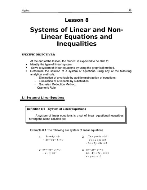 guide teacher lesson 8 system of equation lesson 8 systems of linear and nonlinear equations