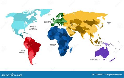 Mapa Mundial Dividido Em Seis Continentes Em Cores Diferentes
