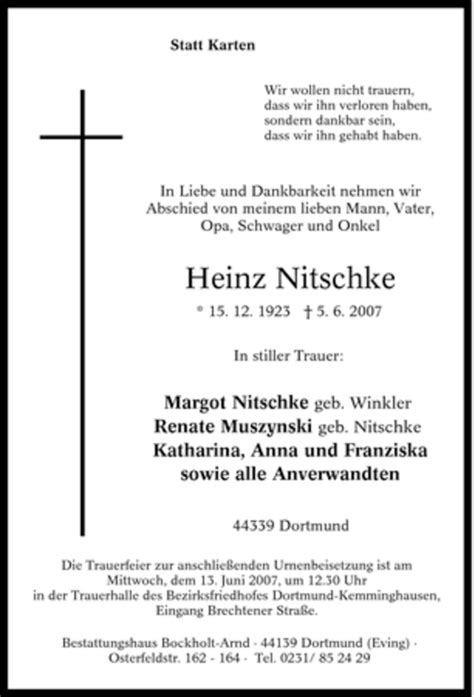 Trauer Und Todesanzeigen Von Heinz Nitschke Trauer De