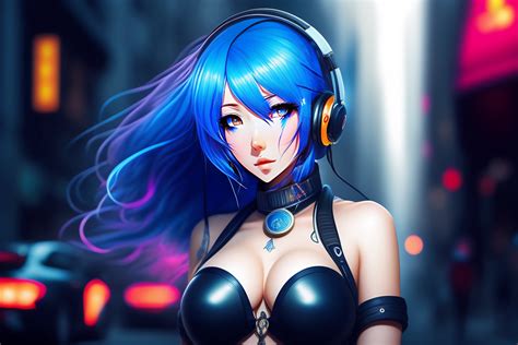 Lexica Anime Woman Blue Hair Listen Techno Music In A City In The Night