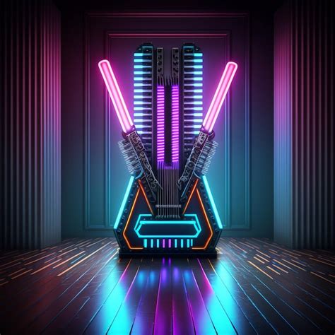 Premium AI Image Neon Lights Are Glowing On A Dark Room With A Wooden