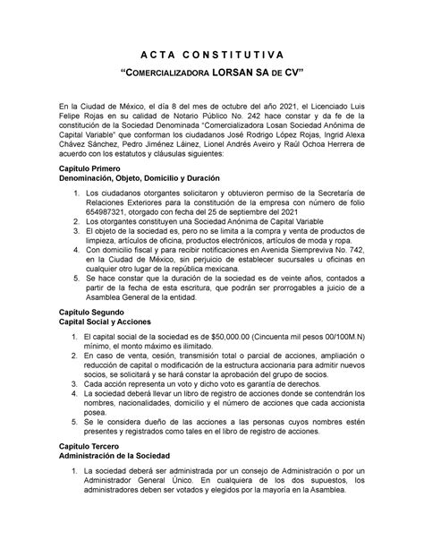 Ejemplo De Acta Constitutiva A C T A C O N S T I T U T I V A