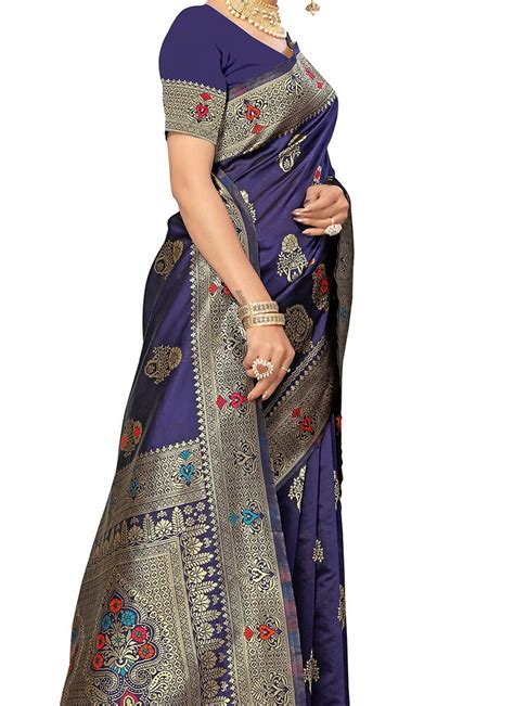 Shop Woven Work Navy Blue Color Banarasi Silk Saree Festive Wear Online