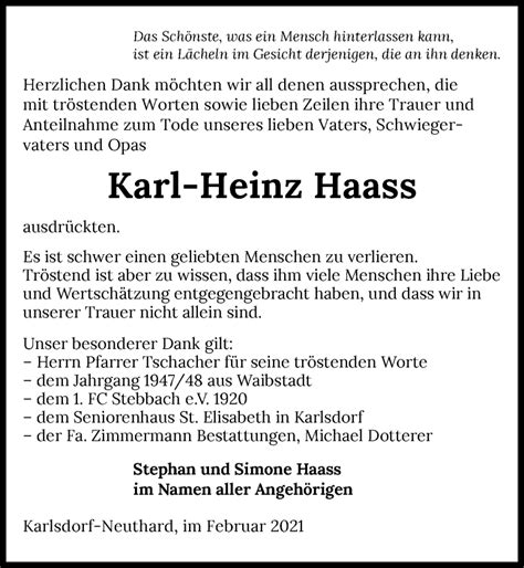 Traueranzeigen Von Karl Heinz Haass Trauerundgedenken De