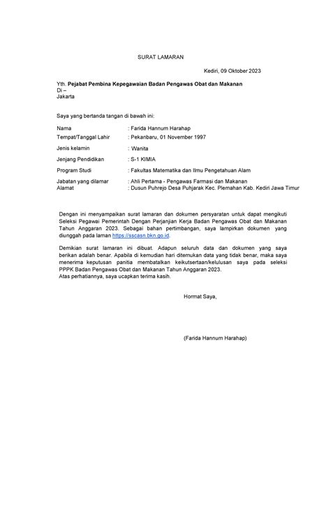 Surat Lamaran Good SURAT LAMARAN Kediri 09 Oktober 2023 Yth