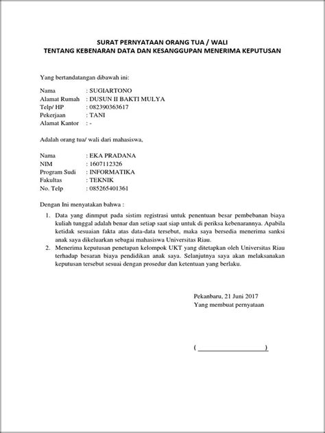 Contoh Surat Pernyataan Orang Tua Mahasiswa Baru Surat Permohonan