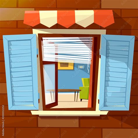 House Facade Open Window Vector Illustration Of Window With Open Wooden