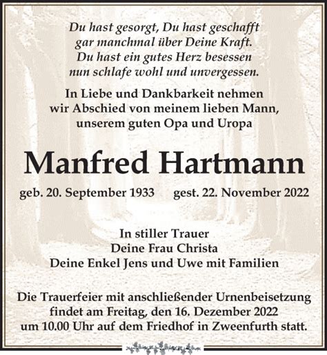 Traueranzeigen Von Manfred Hartmann Trauer Anzeigen De