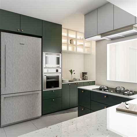 L Shaped Compact Kitchen Design With Green Base Cabinets Livspace