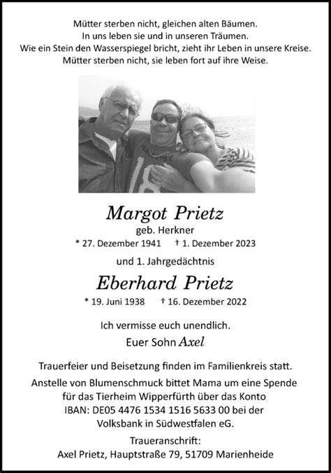 Traueranzeigen Von Margot Prietz WirTrauern
