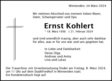 Traueranzeigen Von Ernst Kohlert ZVW Trauer