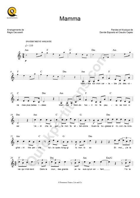 Partition pour Instruments Solistes Mamma de Claudio Capéo
