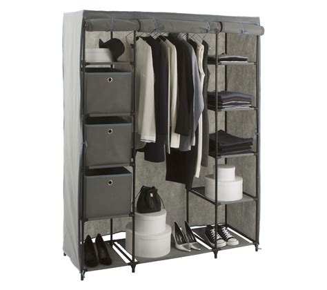 Armoire En Tissu Avec Penderie Étagères Et Boites De Rangement Gris
