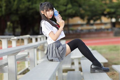 Asian Bokeh Brunette Girl Bottle Side Sitting Skirt
