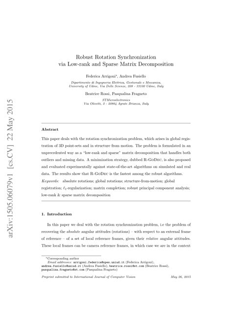 pdf robust rotation synchronization via low rank and sparse matrix decomposition