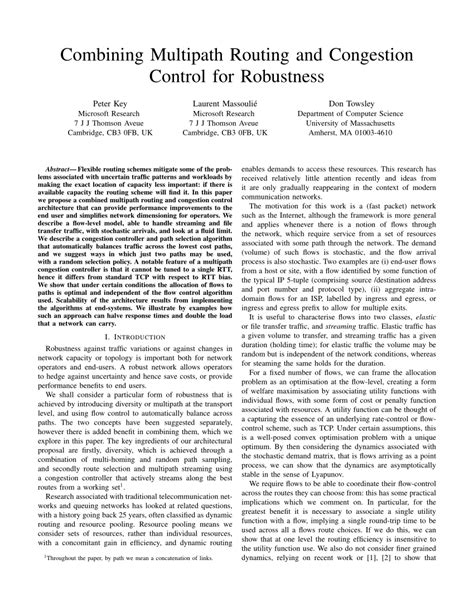 pdf combining multipath routing and congestion control for robustness
