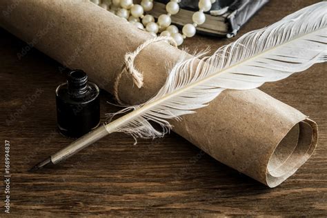 Old Quill Pen On The Old Paper Scroll Letter Writing Historical