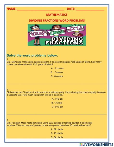 Dividing Fraction Word Problems Worksheet Live Worksheets