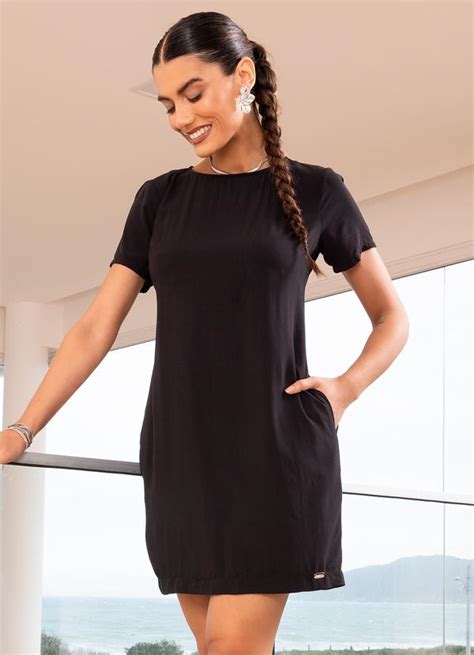 Vestido Preto Em Viscose Plana Bolsos Quintess