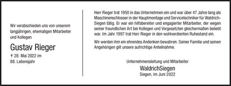 Traueranzeigen Von Gustav Rieger 57trauer De