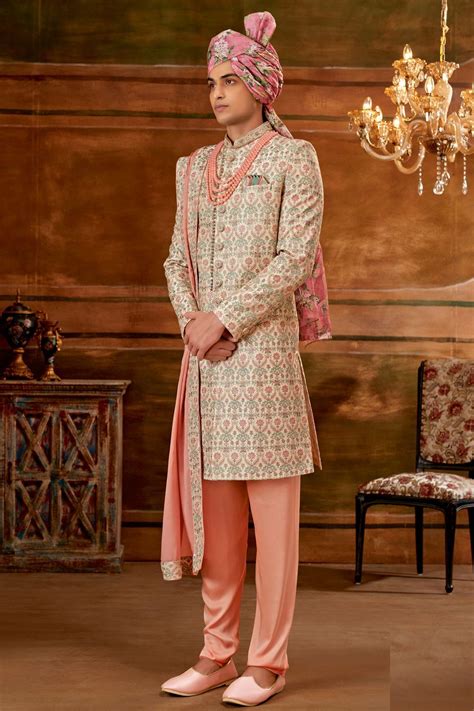 Buy Light Gold Art Embroidered Silk Sherwani NMK 6407 Online