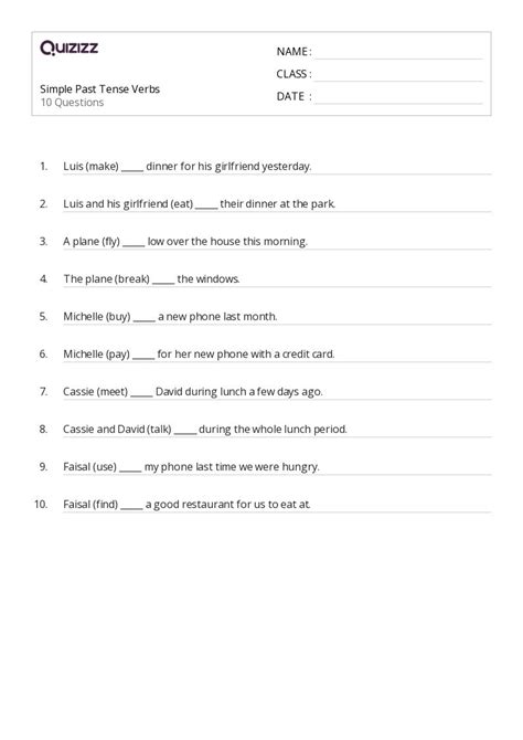 50 Past Tense Verbs Worksheets On Quizizz Free Printable