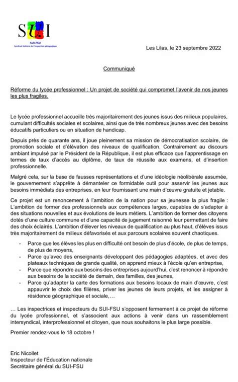 Communiqué de presse du syndicat des inspecteurs de la FSU contre le