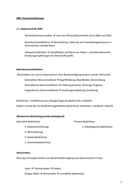 Grundlagen Der BWL BWL Zusammenfassung Wintersemester BWL