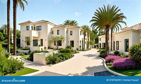 Ai Generated A Luxurious White House Surrounded By Palm Trees Stock