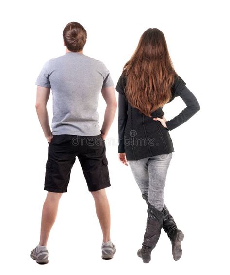 Bakåtvy För Par Snygg Vänlig Tjej Och Kille Tillsammans Fotografering