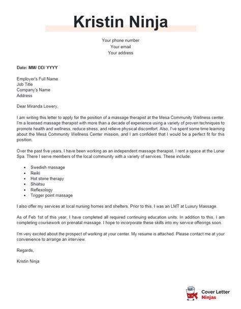 Massage Therapist Cover Letter Cover Letter Example Cover