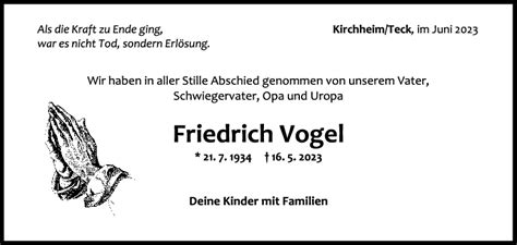 Trauer Friedrich Vogel 01 06 2023 Teckbote Trauerportal