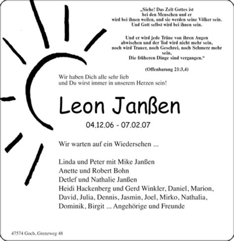 Traueranzeigen von Leon Janßen Trauer in NRW de