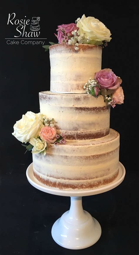 Semi Naked Wedding Cake With Fresh Flowers Rosie Shaw Cake Company