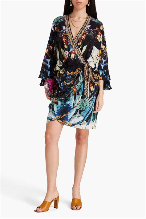 CAMILLA Crystal Embellished Gathered Floral Print Silk Crepe De Chine