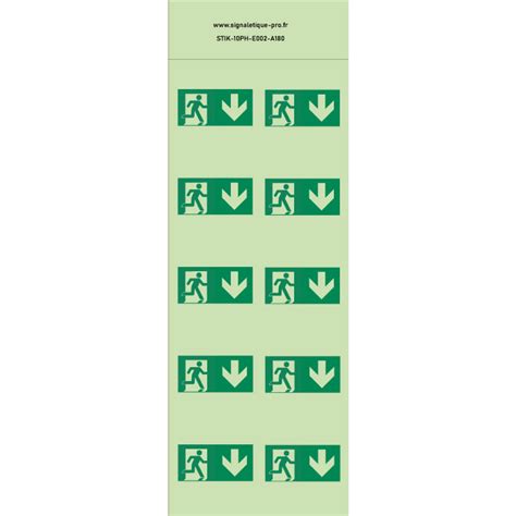 Autocollant Photoluminescent Sortie De Secours Vers Le Bas Lot De 10