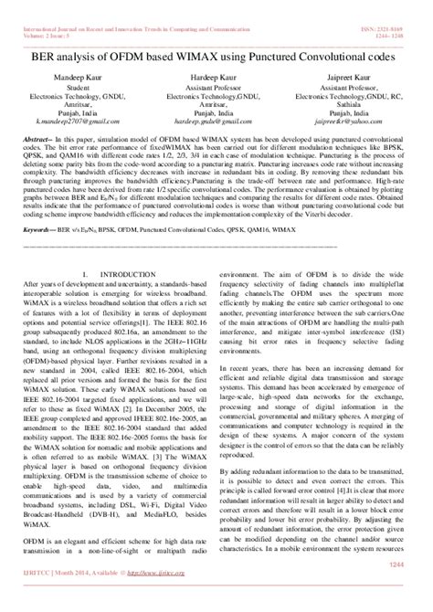 pdf ber analysis of ofdm based wimax using punctured convolutional codes international