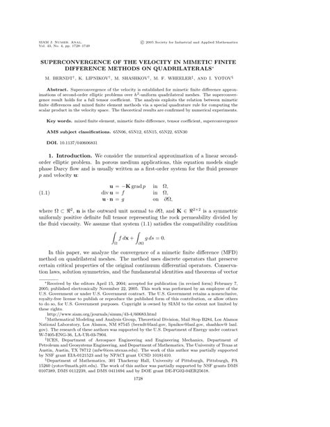 pdf superconvergence of the velocity in mimetic finite difference methods on quadrilaterals
