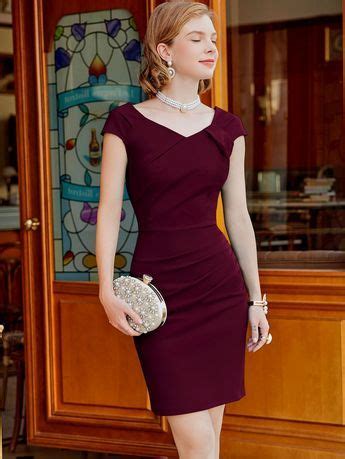 Burgundy Elegant Collar Cap Sleeve Fabric Plain Fitted Embellished