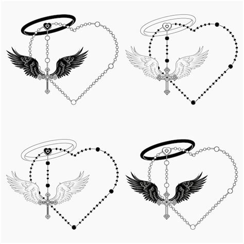 Cruz cristiana alada con un rosario en forma de corazón Vector Premium