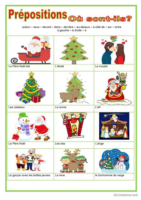 Noël Prépositions de lieu pratique Français FLE fiches pedagogiques