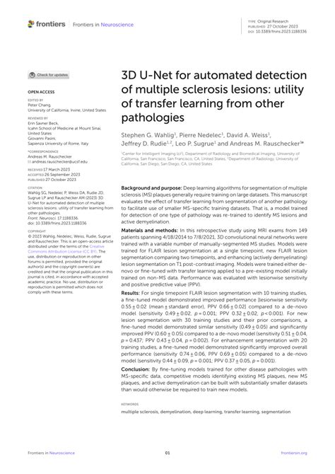 pdf 3d u net for automated detection of multiple sclerosis lesions utility of transfer