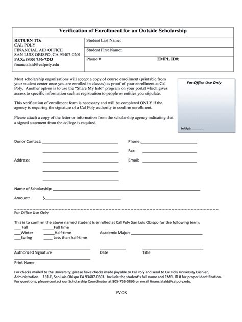 Fillable Online Financialaid Calpoly FVOS Schol Enrollment