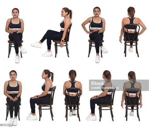 Large Gorup Of Same Woman Sportswear Various Poses Sitting On Chair On White Background Stock