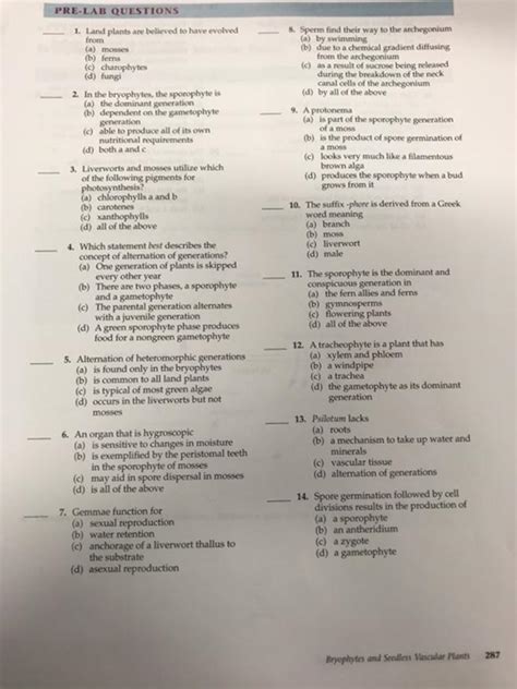 solved pre lab questions 1 land plants are believed to have evolved 8 1 answer
