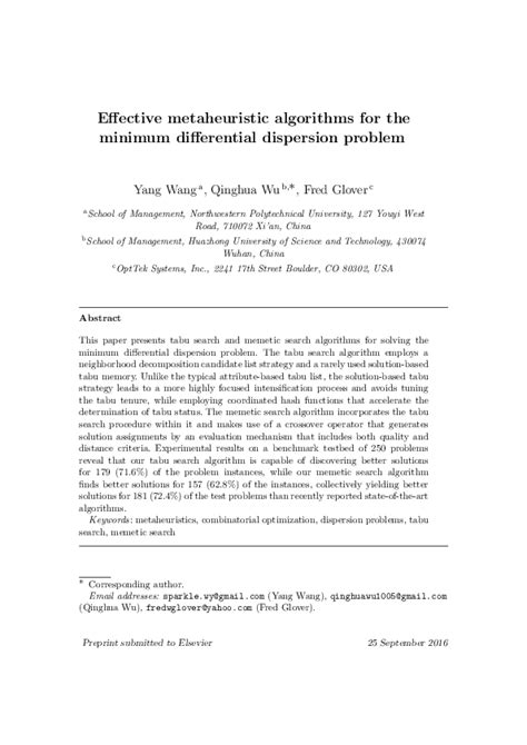 pdf effective metaheuristic algorithms for the minimum differential dispersion problem fred