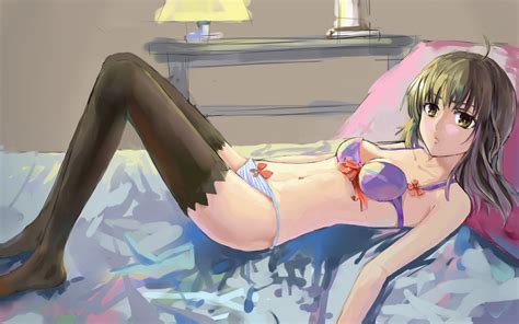 Wallpaper Long Hair Anime Girls Legs Bed Cartoon Black Hair