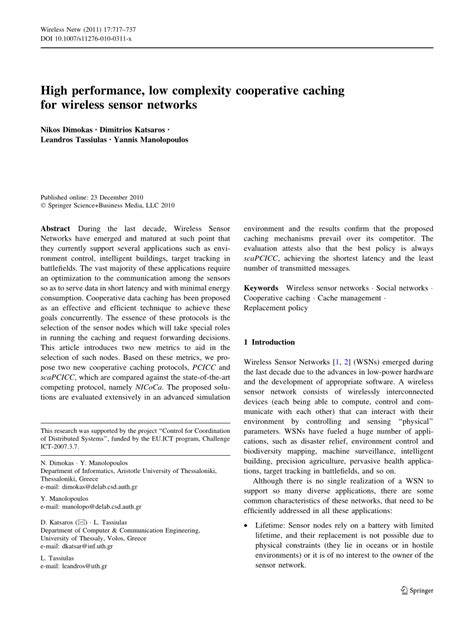 pdf high performance low complexity cooperative caching for wireless sensor networks