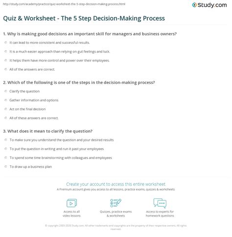 Quiz Worksheet The 5 Step Decision Making Process Study
